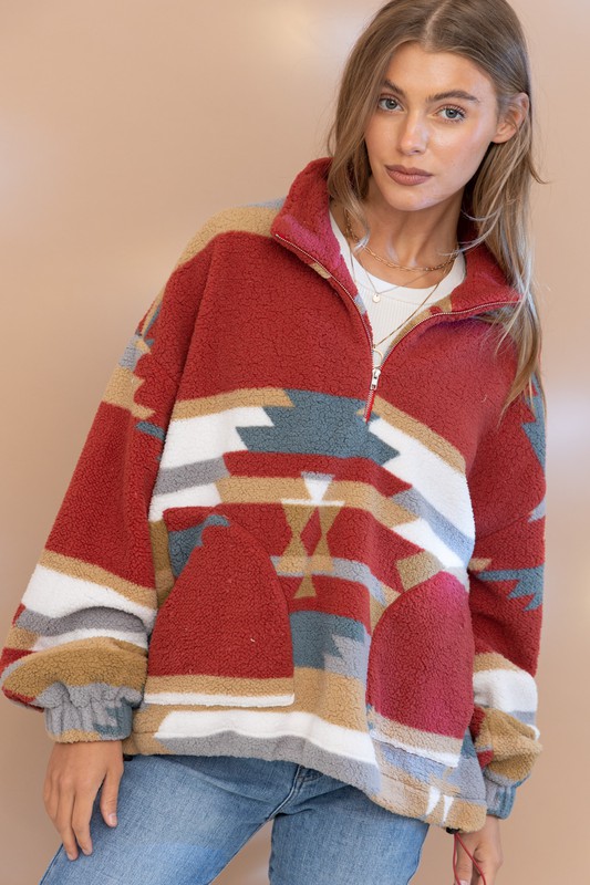 AZTEC PRINT 1/2 ZIP FLEECE PULLOVER - 6th Street Fashions & Footwear ...