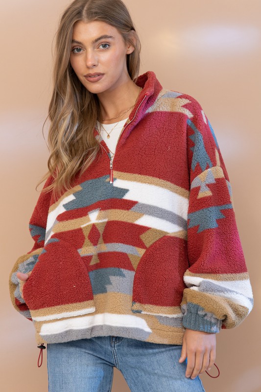 AZTEC PRINT 1/2 ZIP FLEECE PULLOVER - 6th Street Fashions & Footwear ...