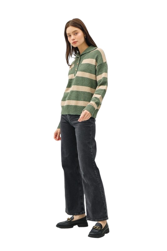 BE COOL STRIPED SWEATER WITH HENLEY WIDE COLLAR - 6th Street Fashions ...