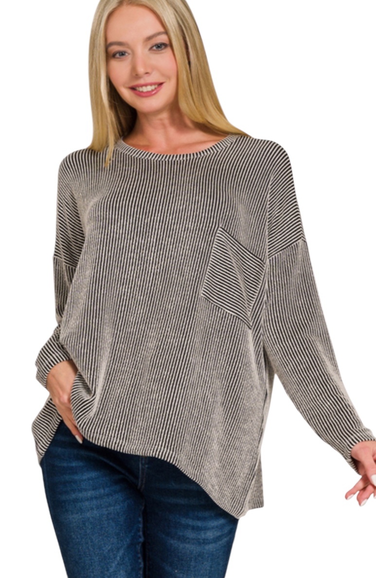 ZENANA RIB KNIT OVER SIZED POCKET TOP - 6th Street Fashions and Footwear