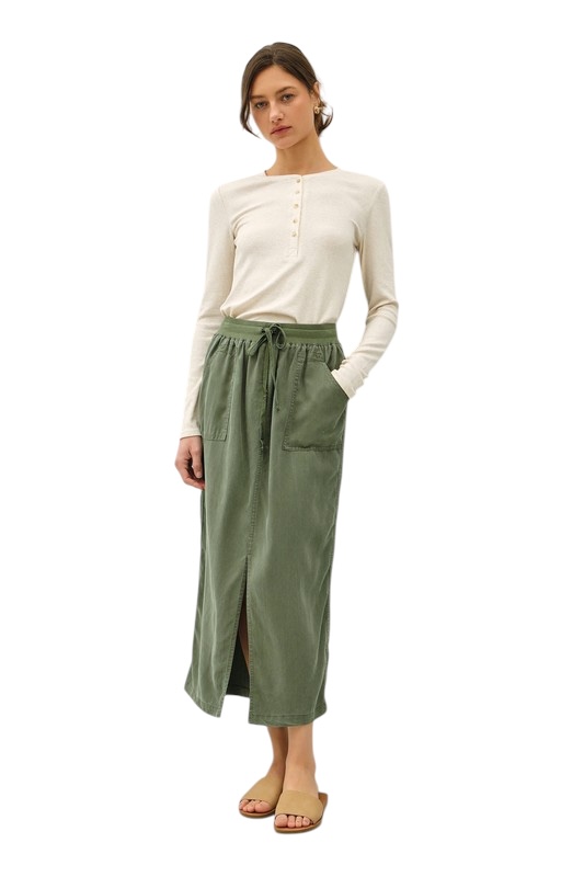 BE COOL TENCEL ELASTIC WAIST MIDI SKIRT - 6th Street Fashions and Footwear